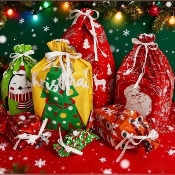 Holiday | 5pcs Christmas Drawstring Gift Bags With Tags Set Unisex ...